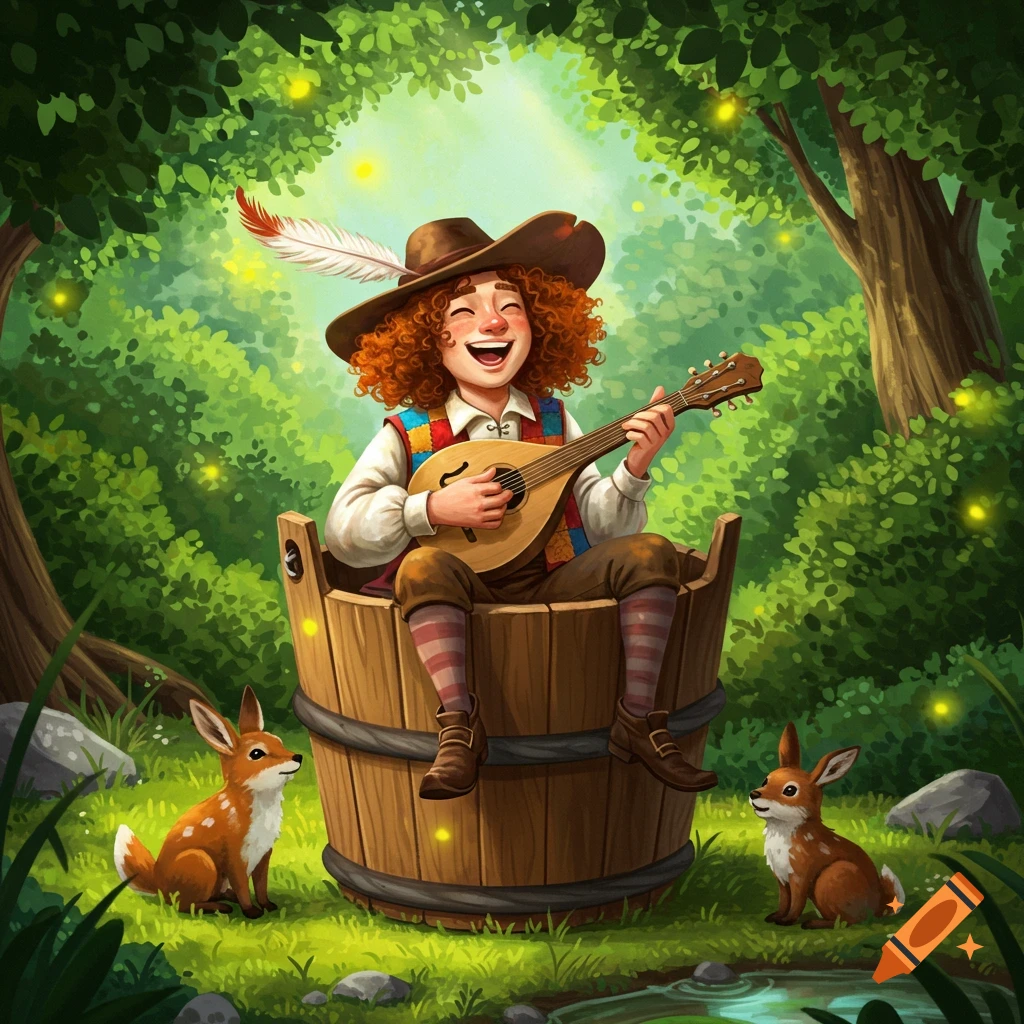 Whimsical illustration: A cheerful red-haired bard plays a mandolin in ...