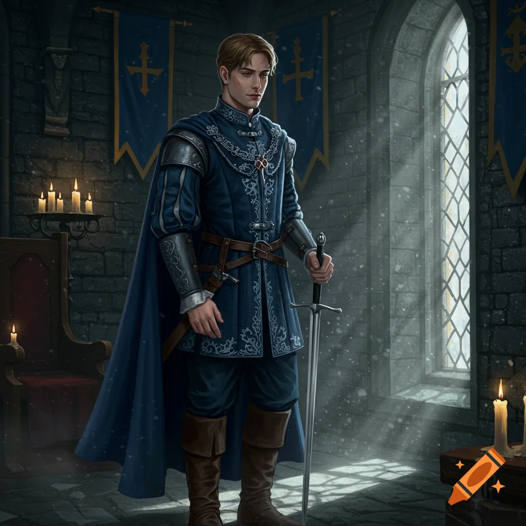 Anime-inspired fantasy prince in an elaborate dark blue royal outfit ...