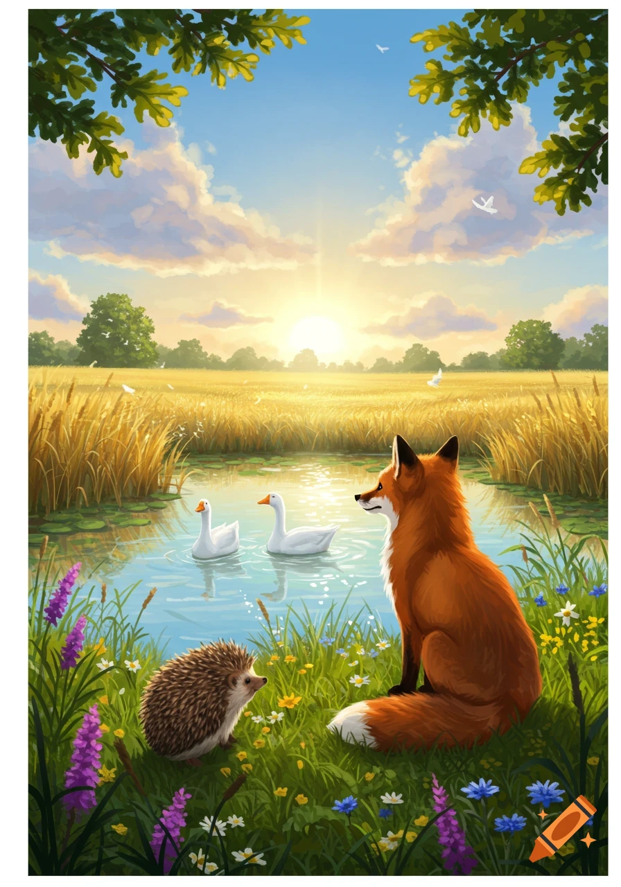 An illustration of a fox and a hedgehog by a pond, watching two white ...