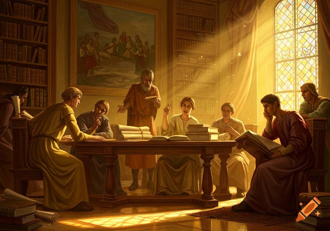 An elderly man resembling Leonardo da Vinci draws in a sunlit ...