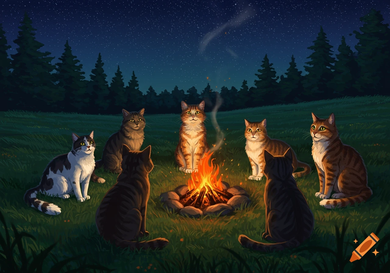 Eight cartoon cats hold hands in a circle around a warm campfire in a ...