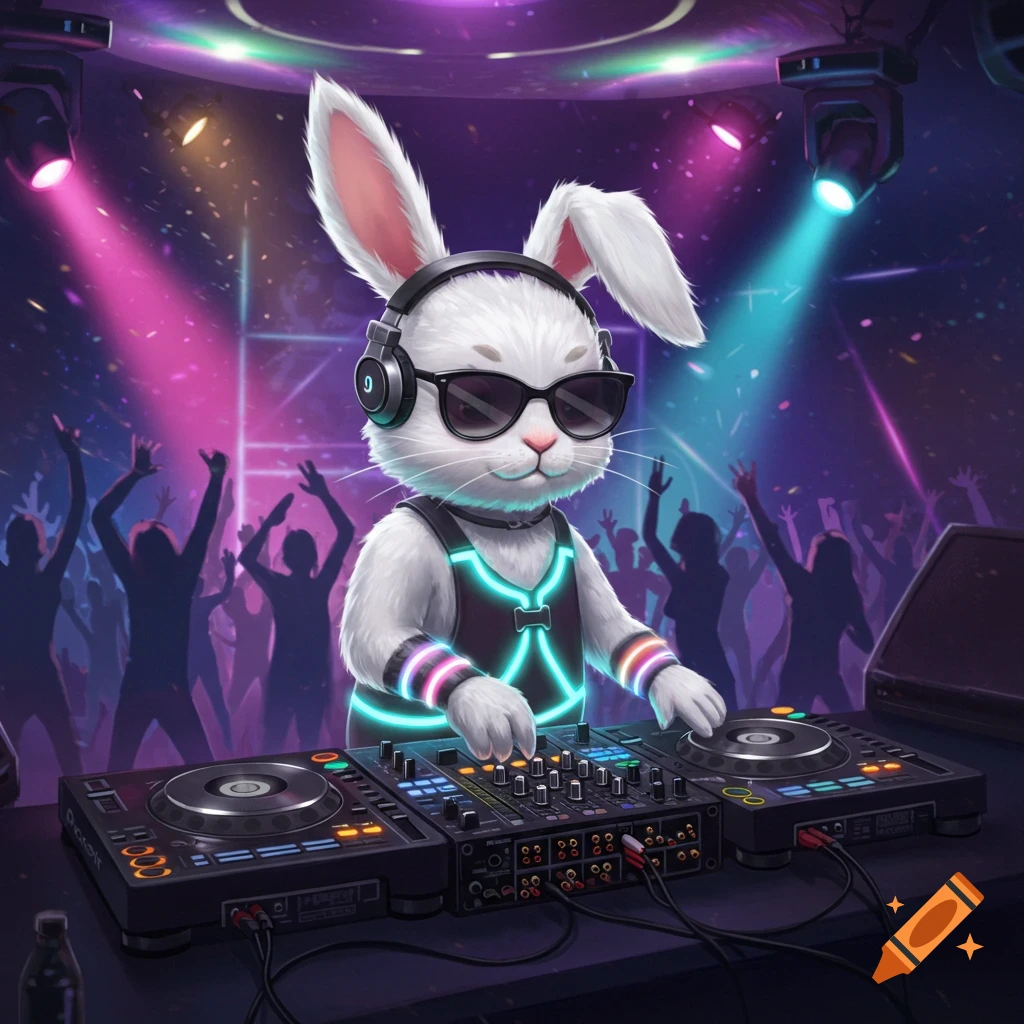A white rabbit DJ wearing sunglasses, headphones, and a glowing harness ...