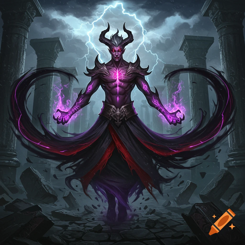 A powerful, dark horned demon with glowing purple energy and multiple ...