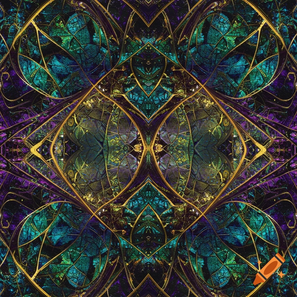 Vibrant abstract spiraling pattern of ornate gold, green, blue, and ...