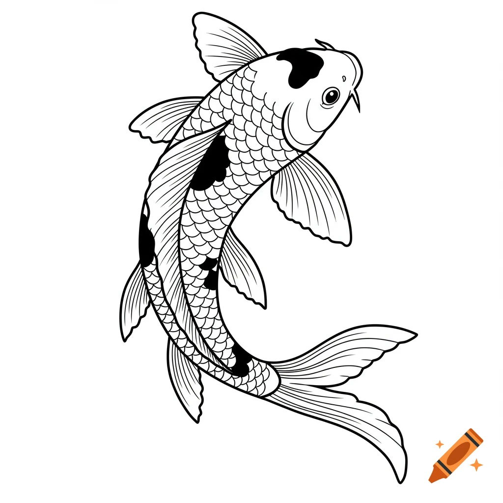 Stylized line art illustration of a colorful koi fish with red, blue ...