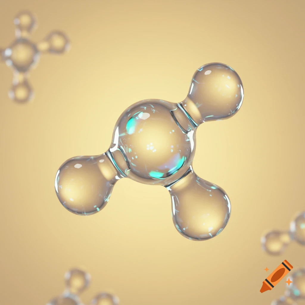 A transparent, glassy molecule with three connected spheres and ...