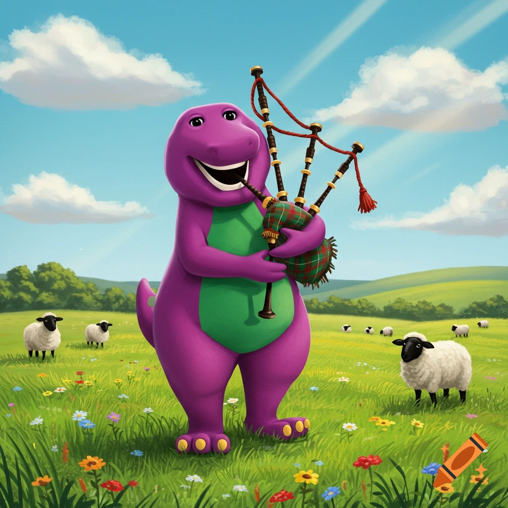Cartoon purple dinosaur Barney stands in a sunny field of sunflowers ...