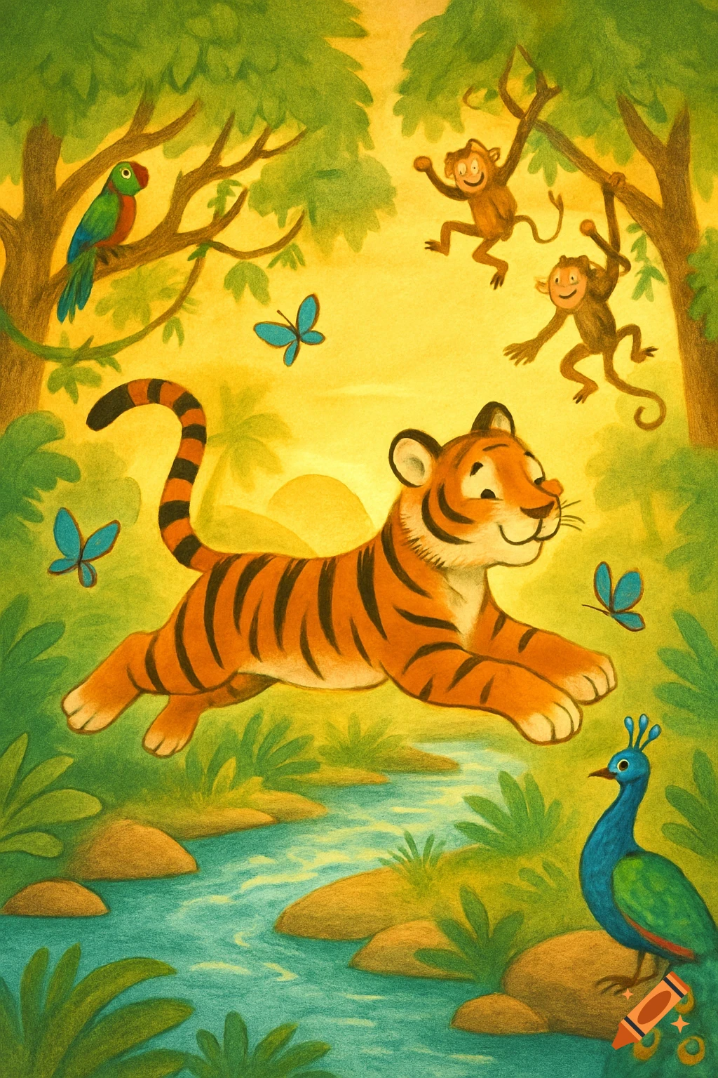 Whimsical illustration of a playful Bengal tiger leaping over a jungle ...