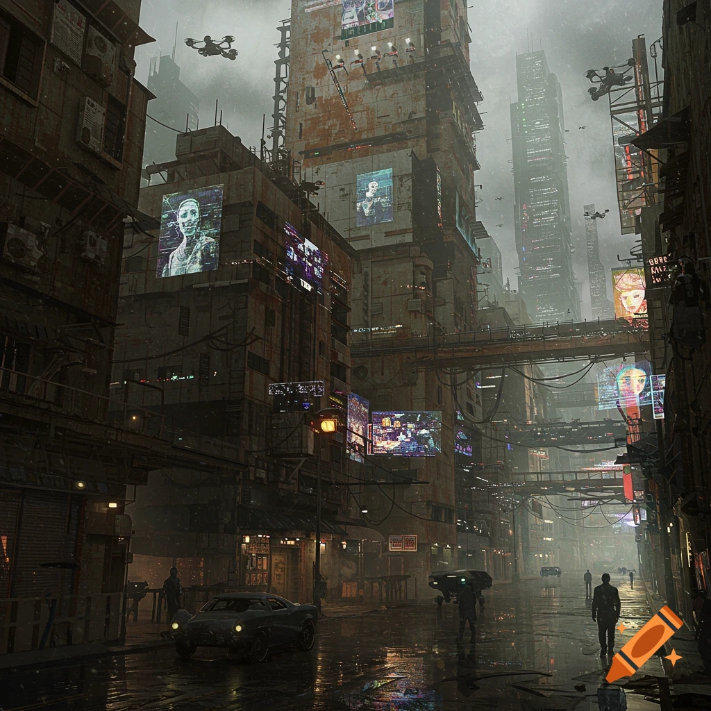 Dark, atmospheric steampunk city street scene with pedestrians, glowing ...