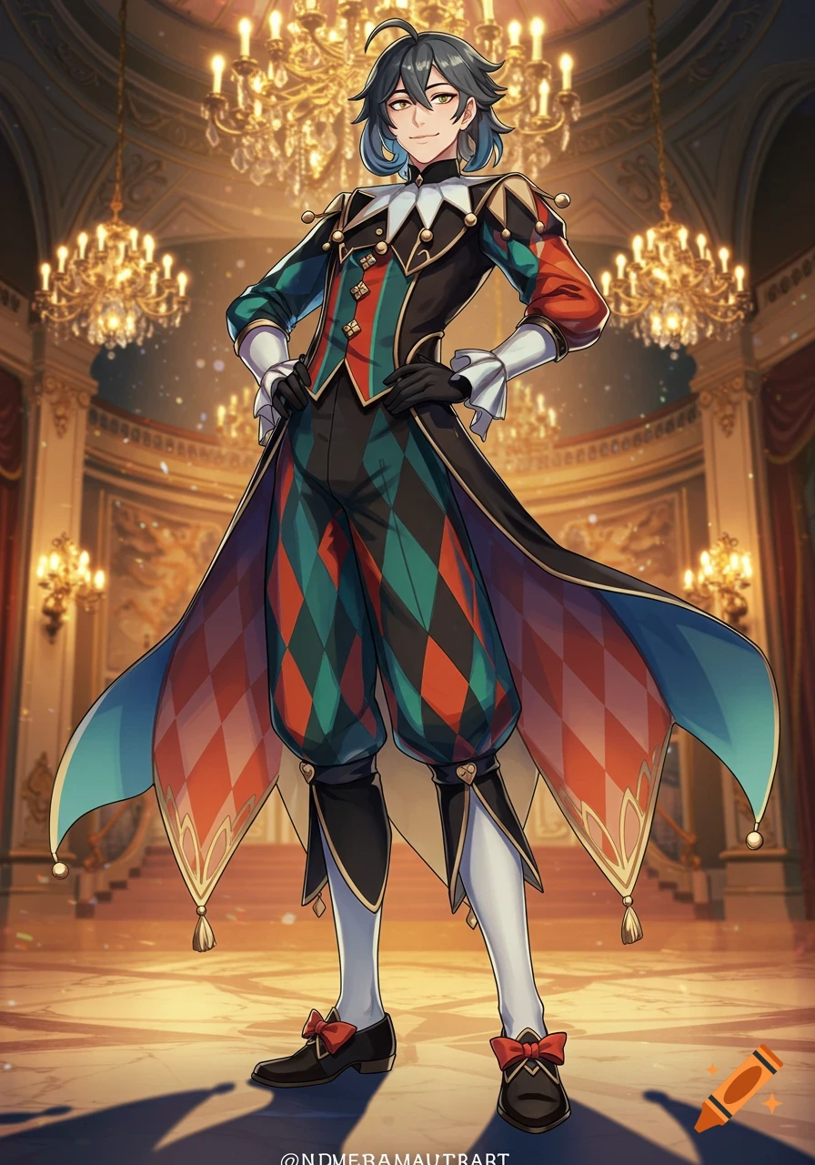 An anime man dressed as a jester in a red, black, and teal harlequin ...