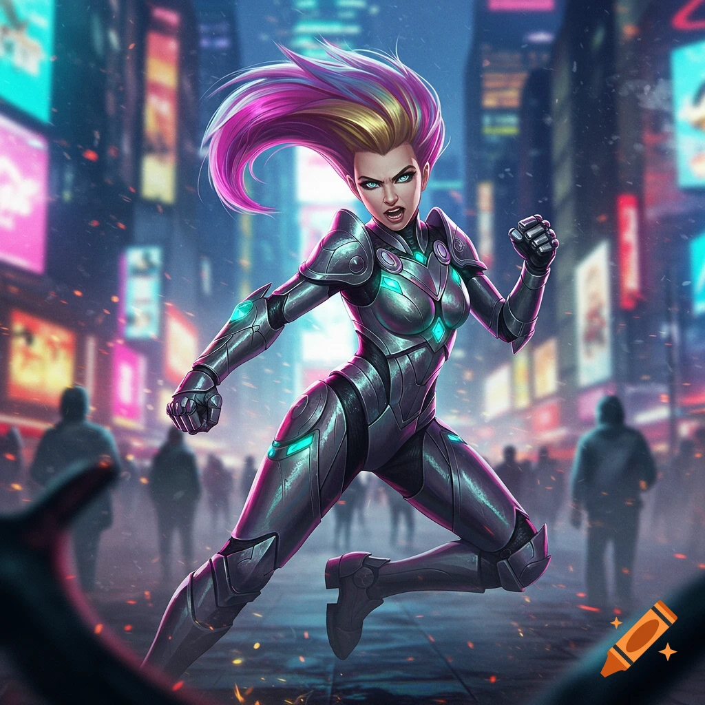 A vibrant, stylized female character with pink hair and a crop top ...