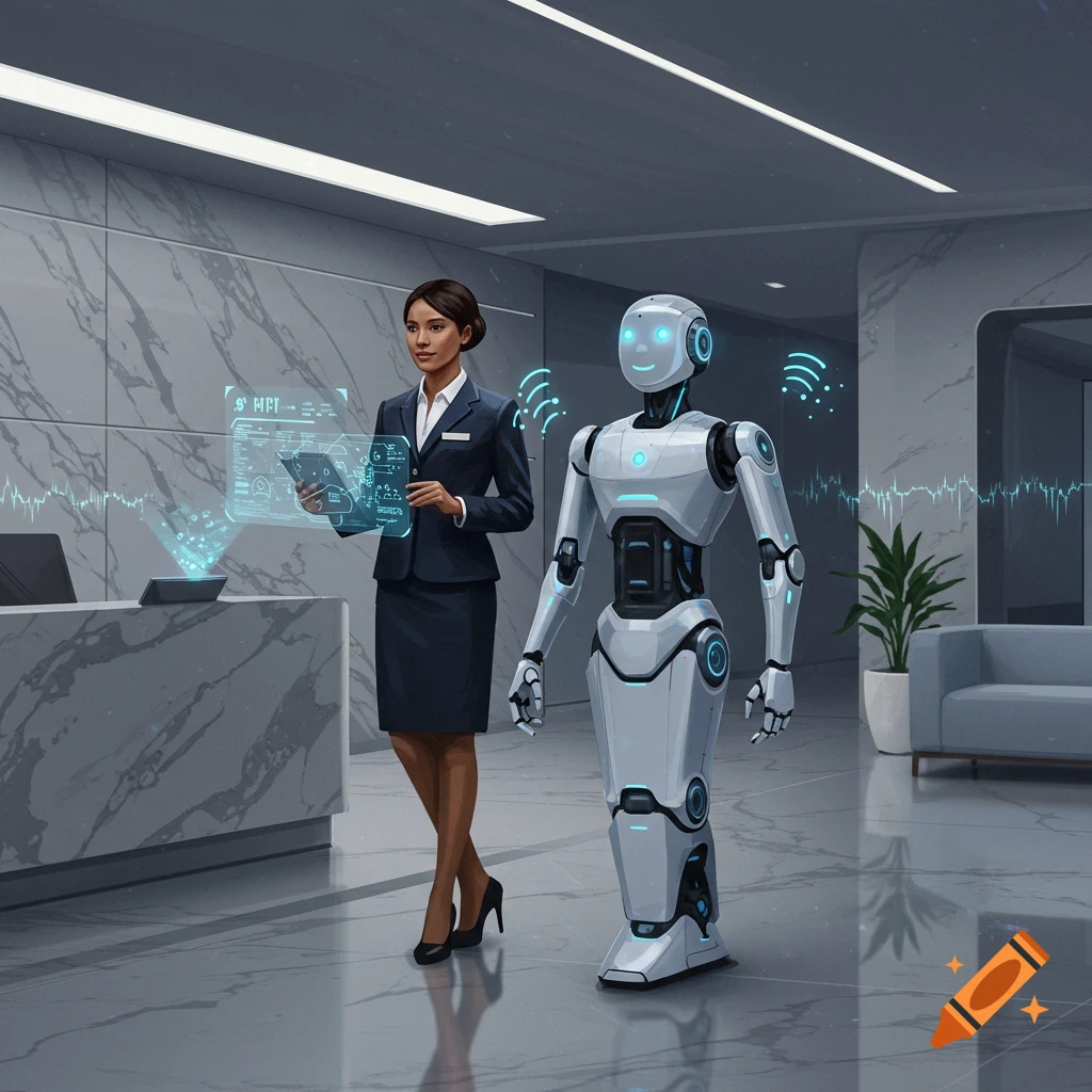 A businesswoman and a robot stand in a modern office, with the woman ...