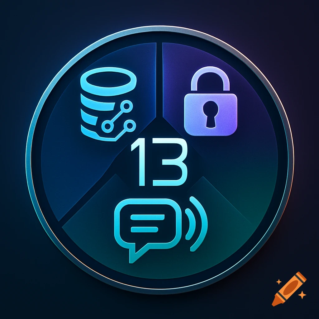 A circular logo with a database icon, a padlock, and a speech bubble ...
