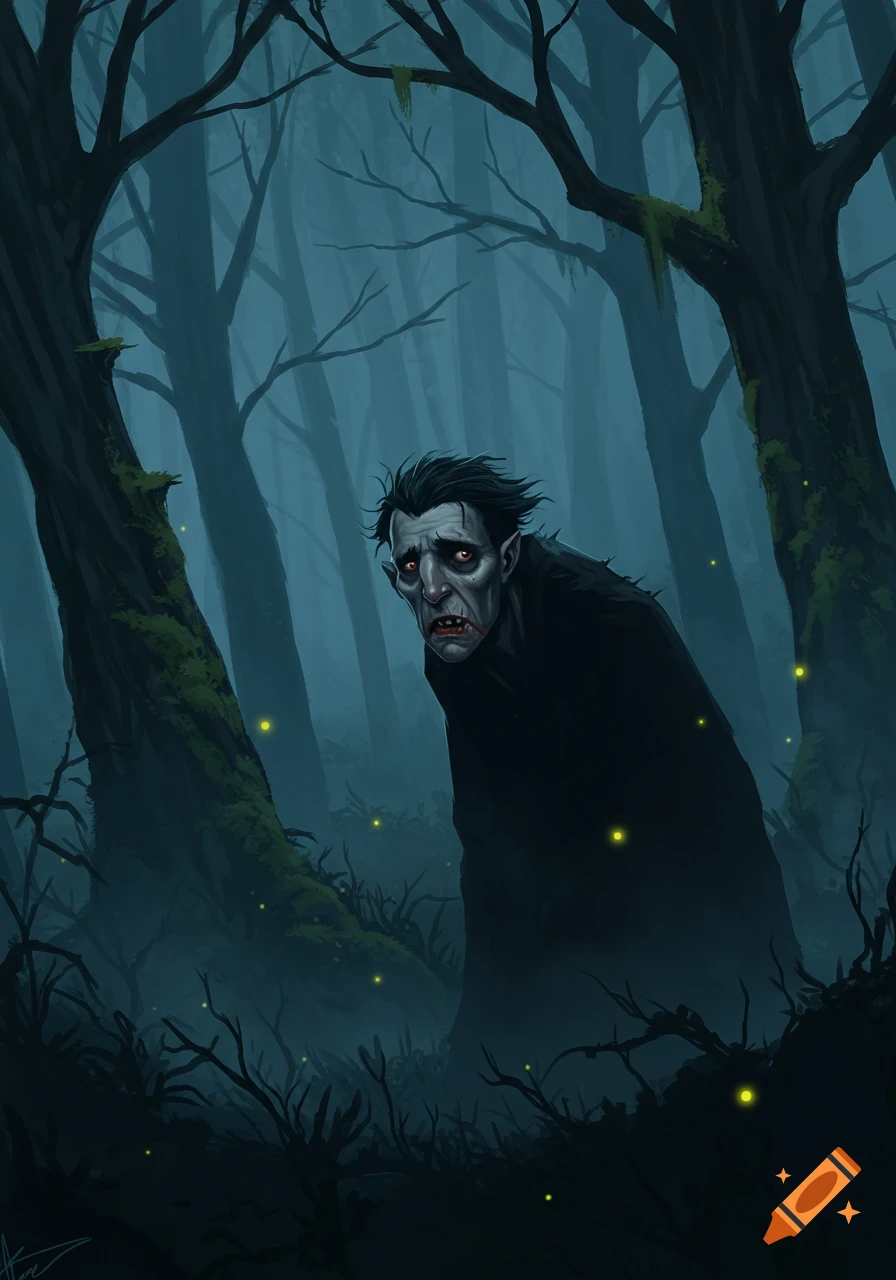 A gaunt, pale vampire with red eyes and disheveled hair lurks in a dark ...