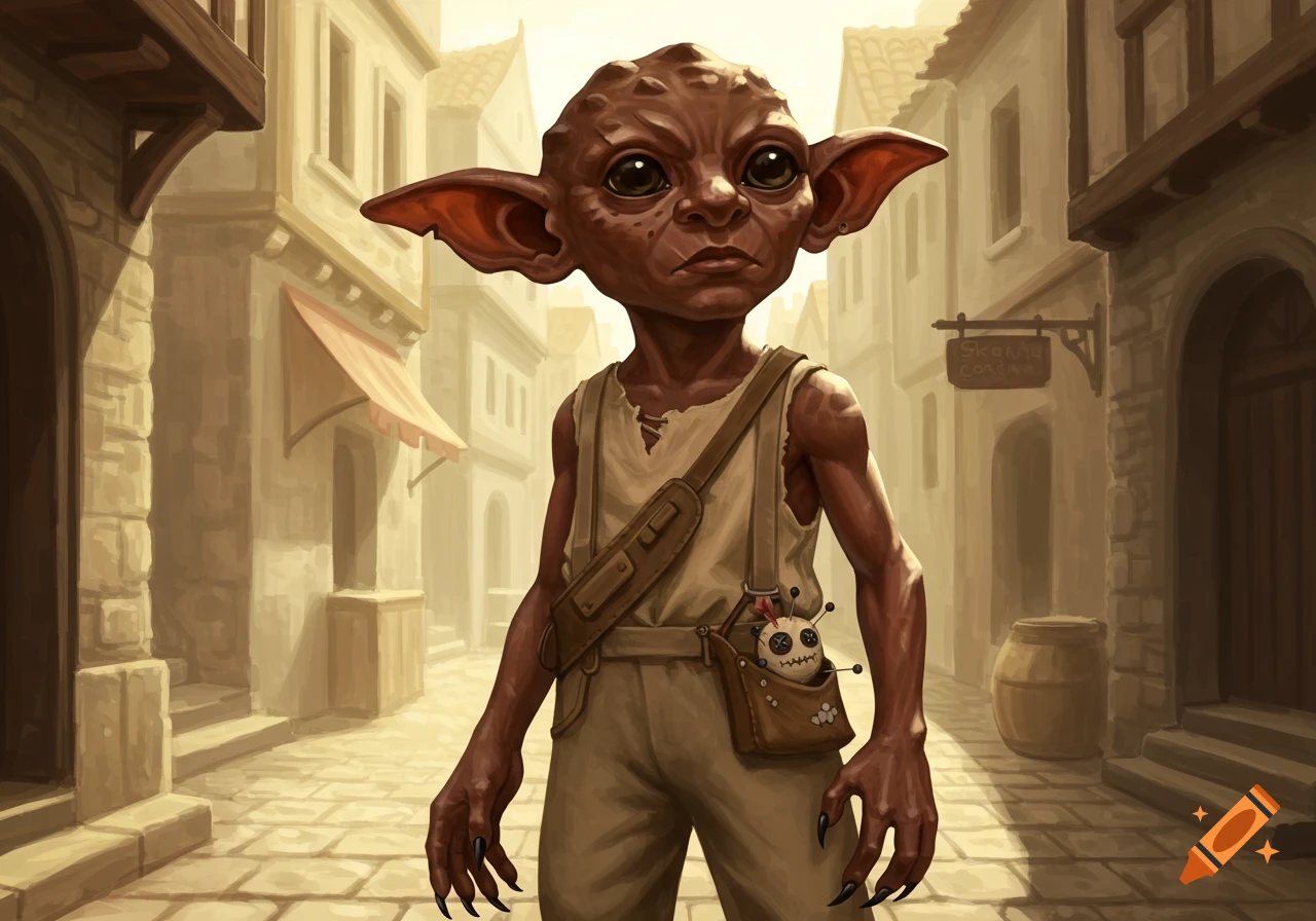 A dark-skinned goblin with large eyes and clawed hands stands in a ...