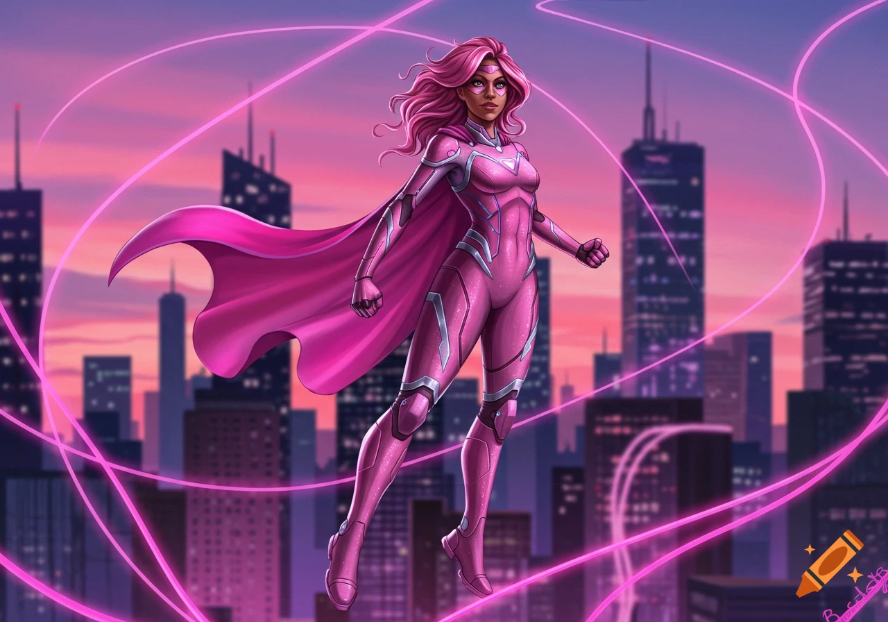 A pink-haired superhero in a shimmering pink suit and cape floats above ...