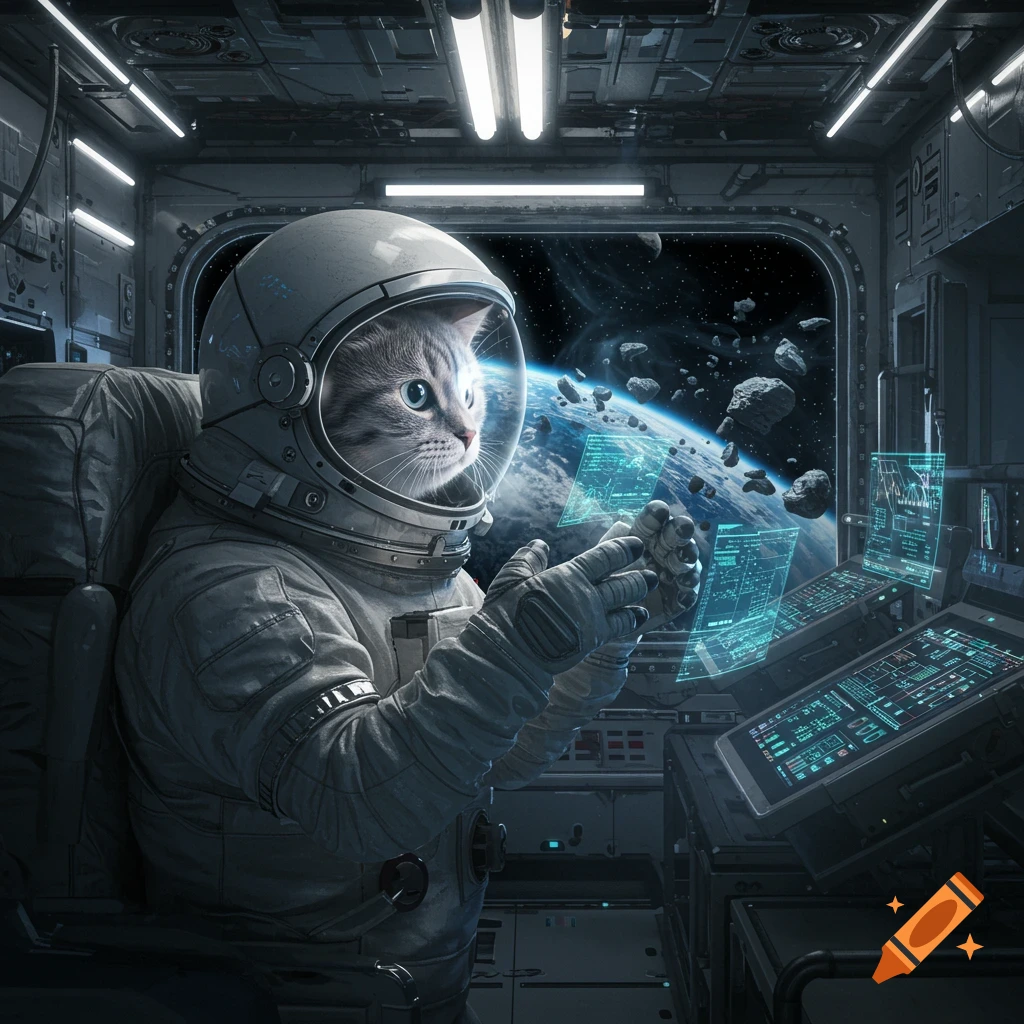 A cute cartoon astronaut in a white spacesuit piloting a silver ...