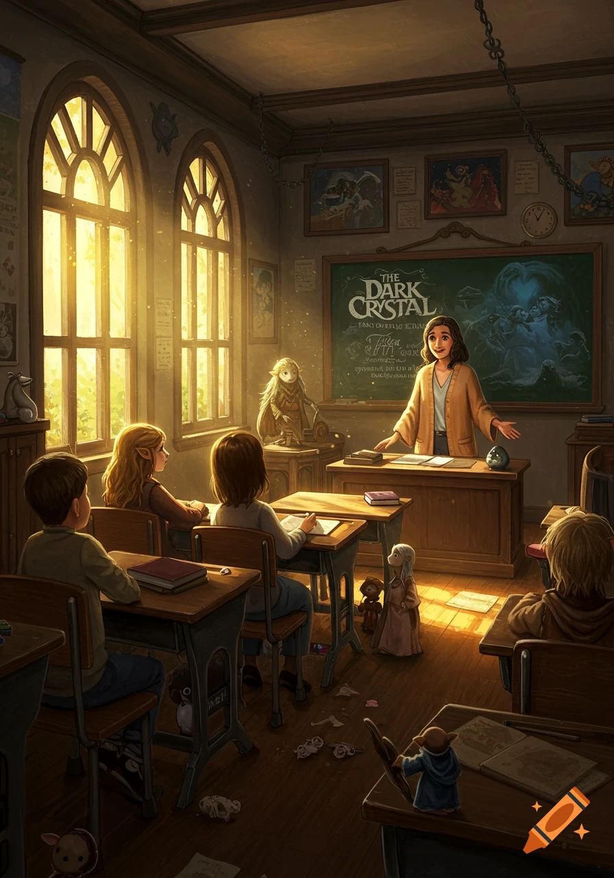 A teacher instructs fantasy children and creatures in a sunlit ...