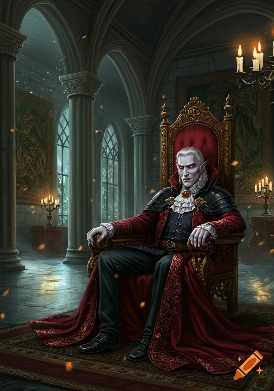 A pale-skinned vampire with red eyes and white hair sits on an ornate ...