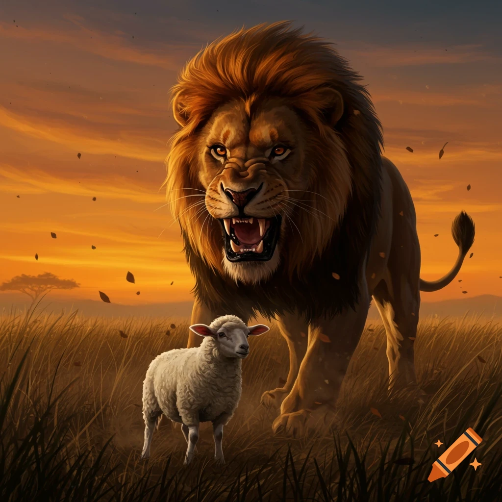 A fierce lion roars at a scared lamb in a grassy field during sunset ...