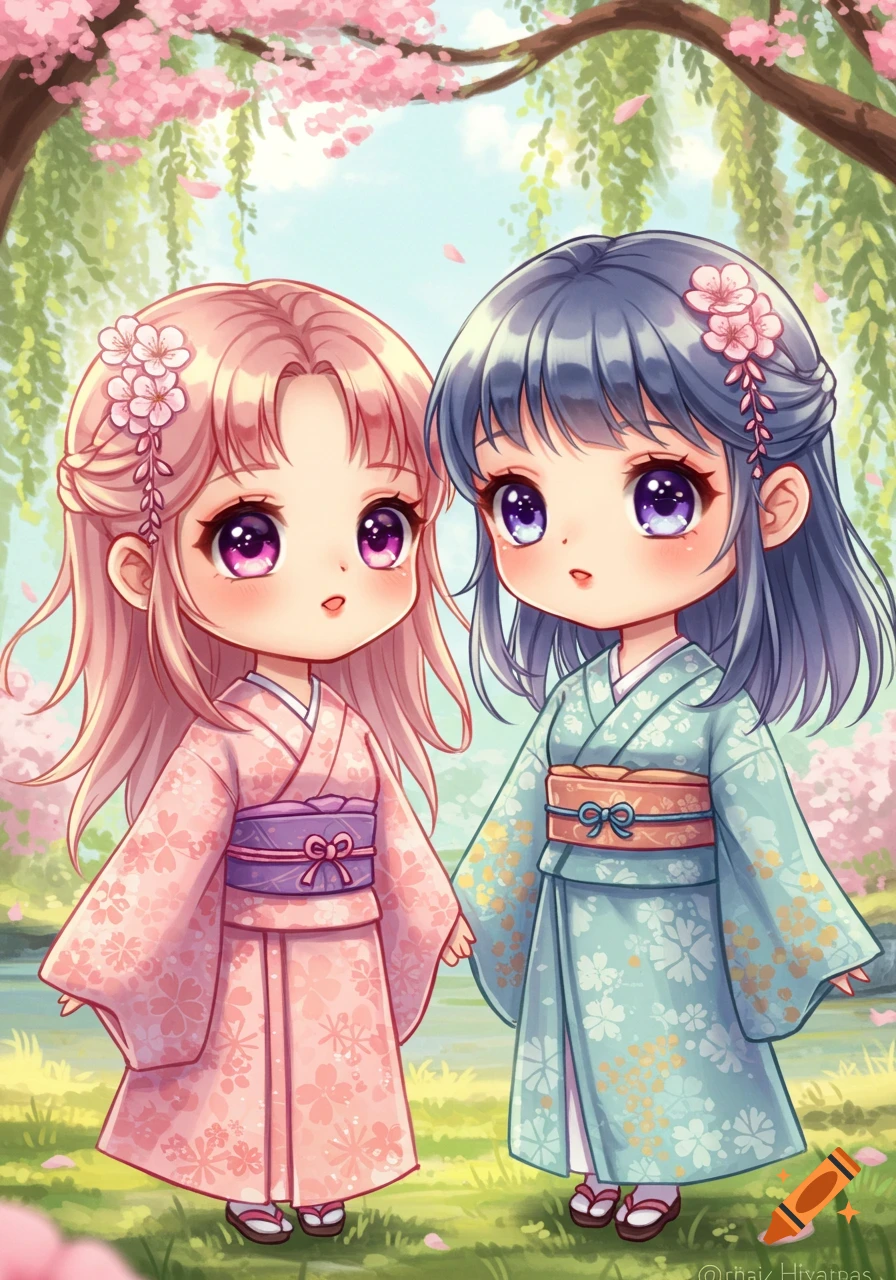 Cute cartoon panda and rabbit in kimonos stand under cherry blossom trees with lanterns in a ...