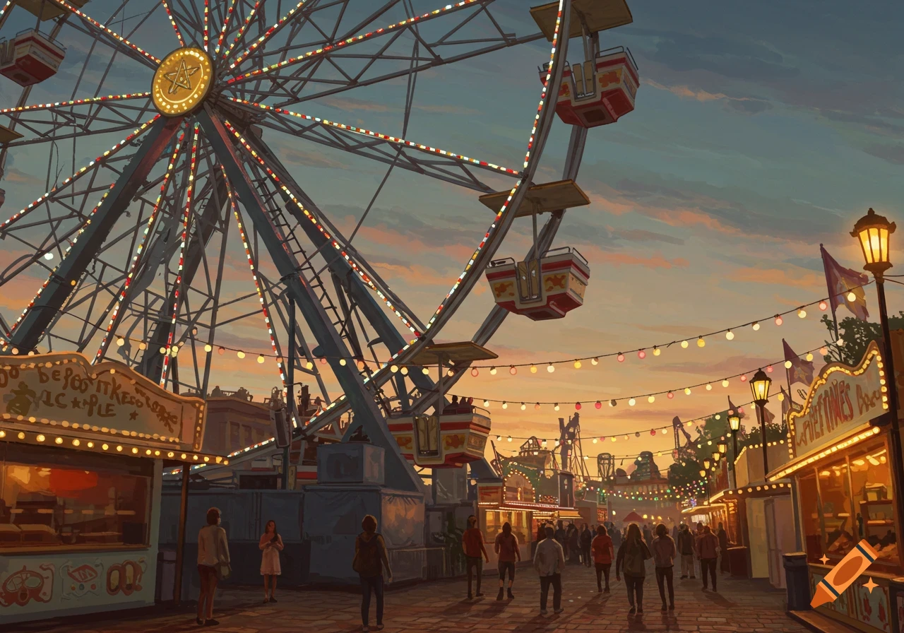 A vibrant carnival at dusk with a glowing Ferris wheel, carousel, and ...