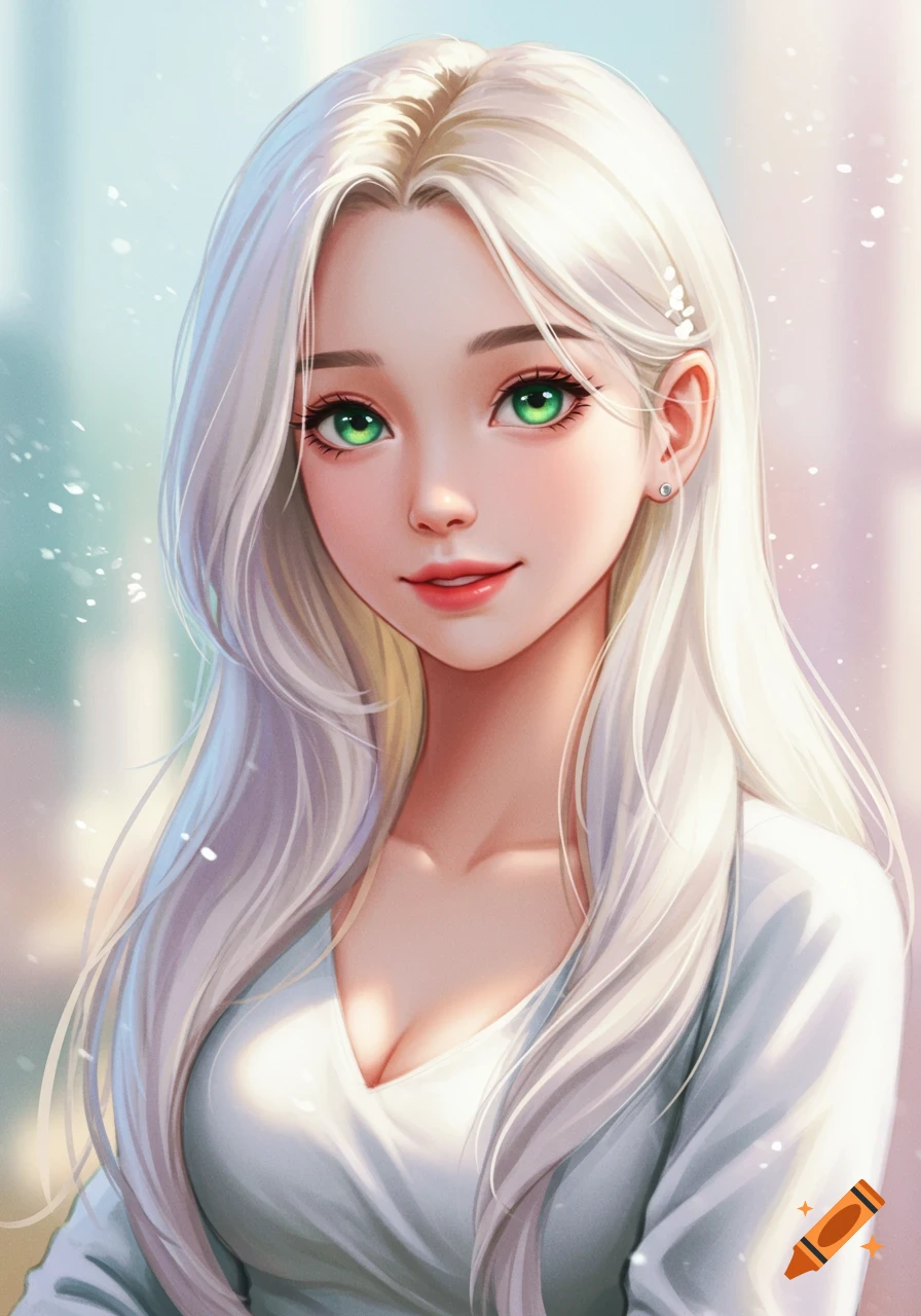 Stylized portrait of a young woman with long white hair, bright green ...