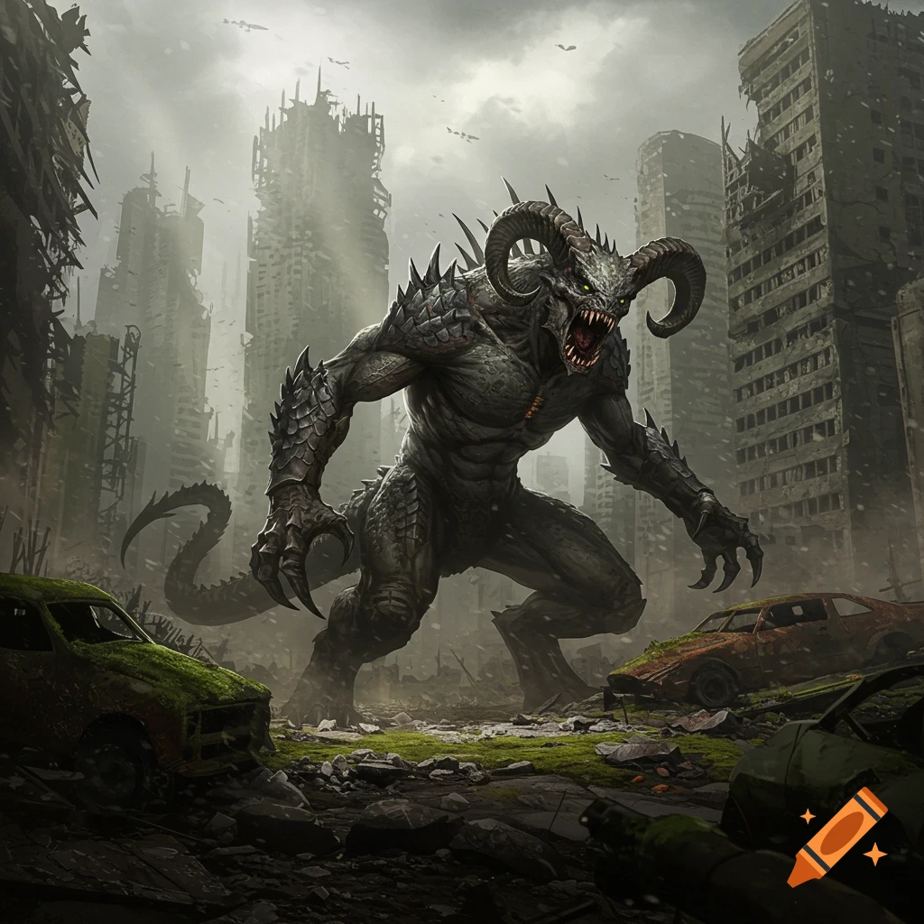 A gas-masked monk with hooded robes stands in a ruined city, a ...