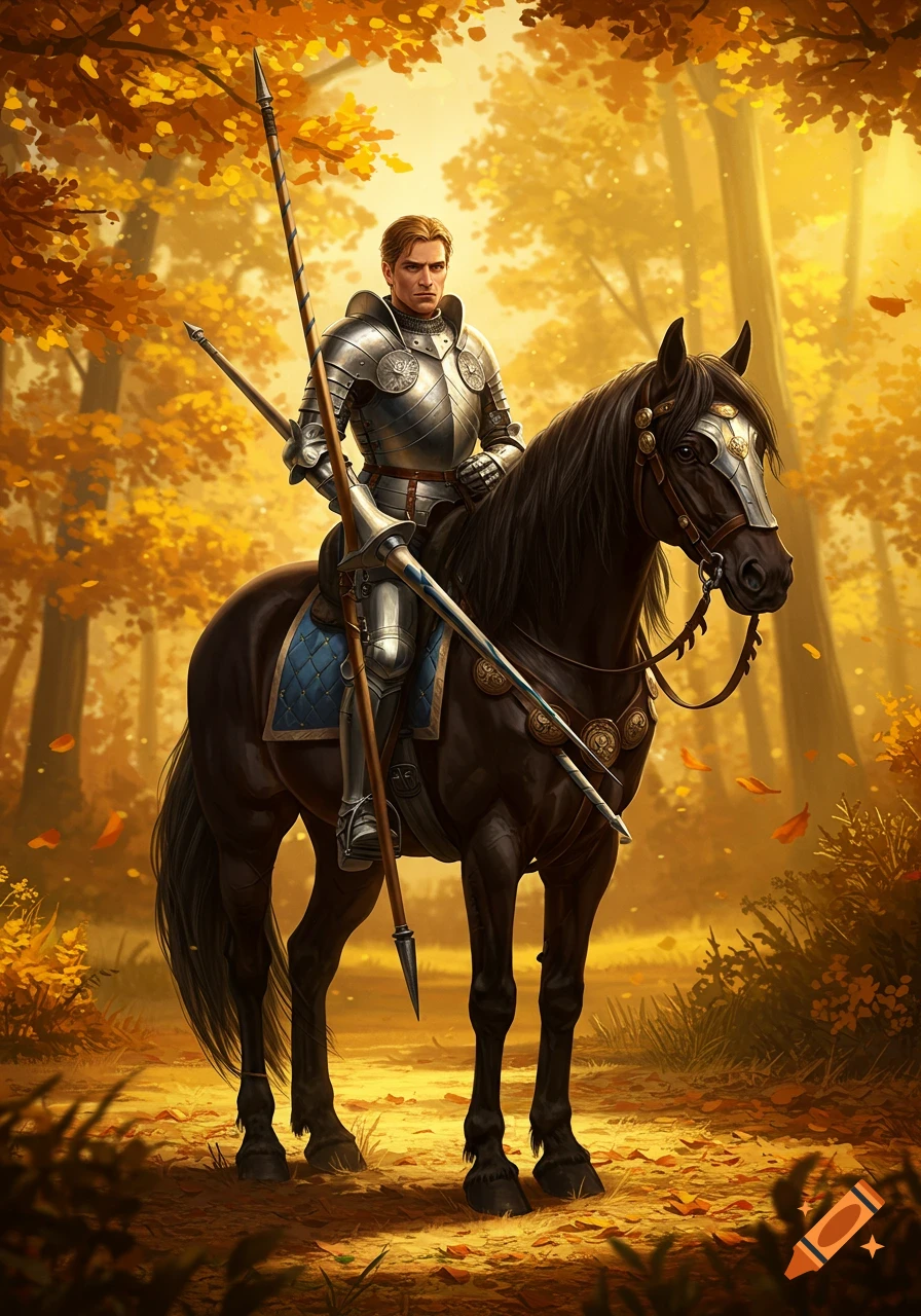 A knight in shining armor on a black horse stands on an autumn forest ...