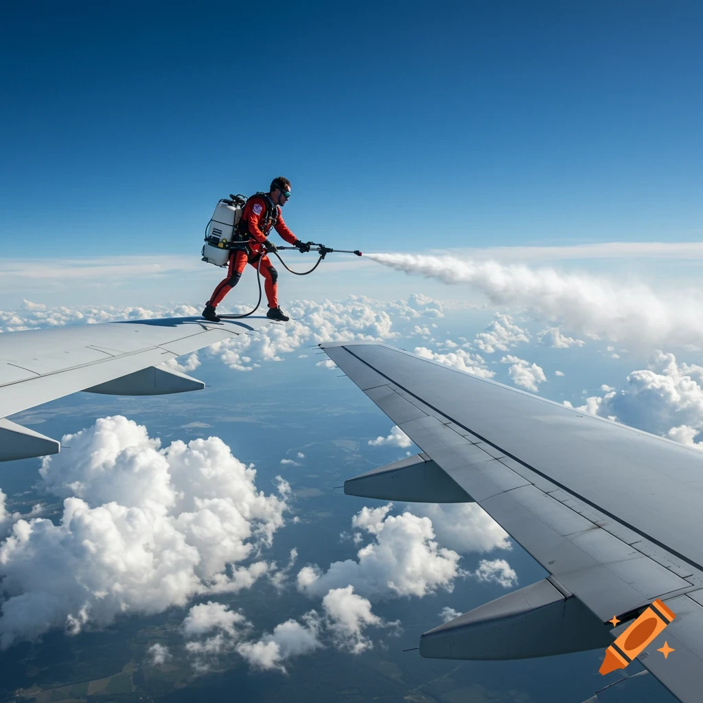 A man in a red suit stands on a flying plane's wing, spraying vapor ...