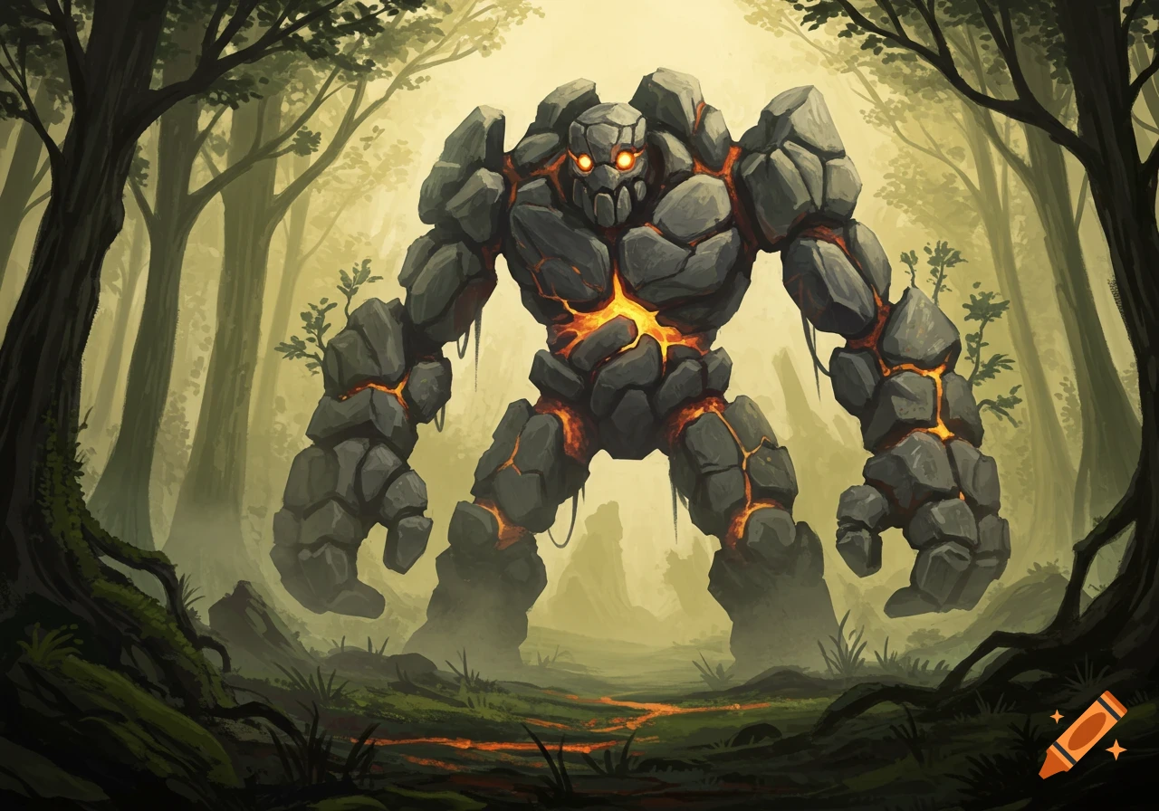 A powerful rock golem with glowing magma cracks stands in a misty, dark ...