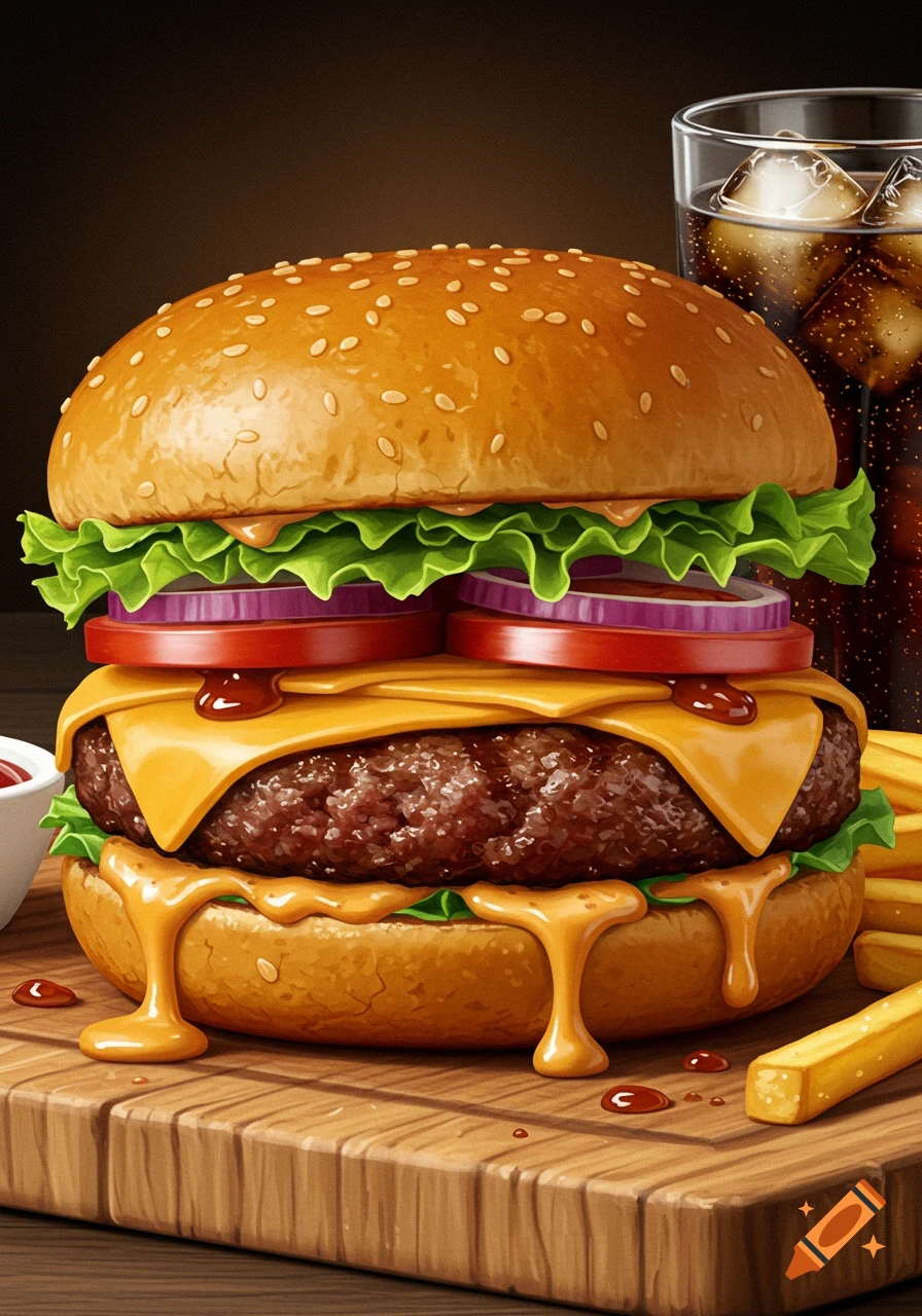 Top-view, diagonally split image featuring fast food like burgers ...