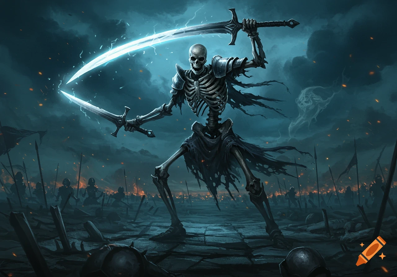 A skeletal warrior in a tattered cape holds a glowing sword and shield ...
