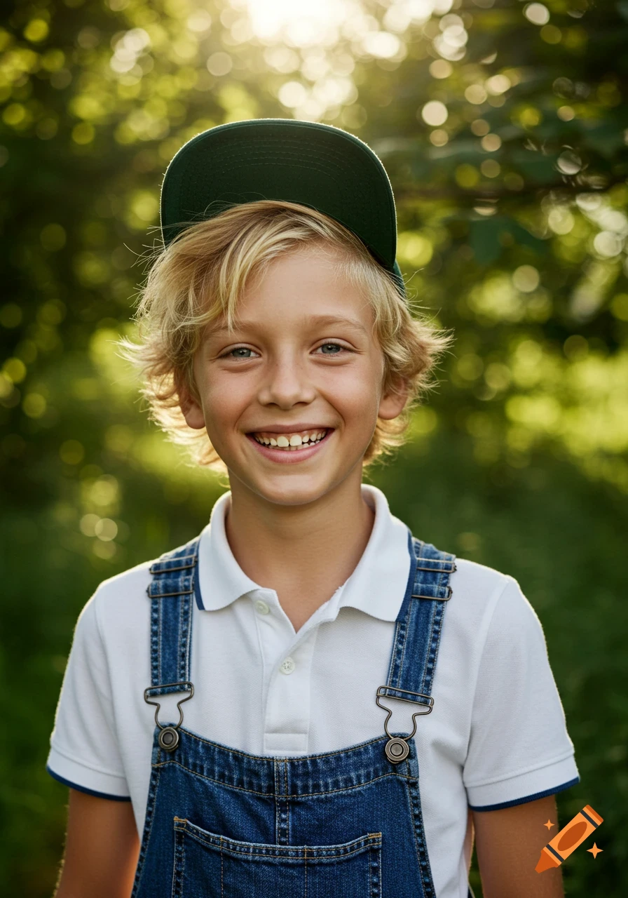 A smiling blonde boy in a green cap and denim overalls, standing in a ...