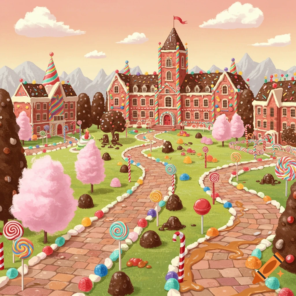Whimsical candy-themed college building made of gingerbread and sweets ...