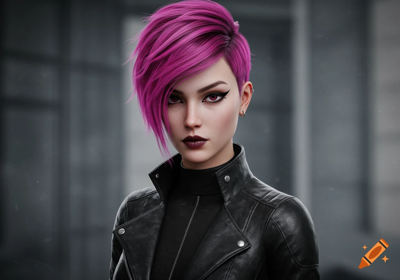 A photorealistic portrait of a girl with short pink hair, black clothes ...