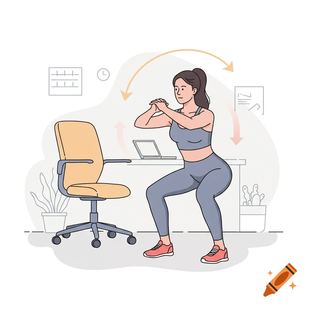 A woman in athletic wear doing squats in front of an office chair, with ...