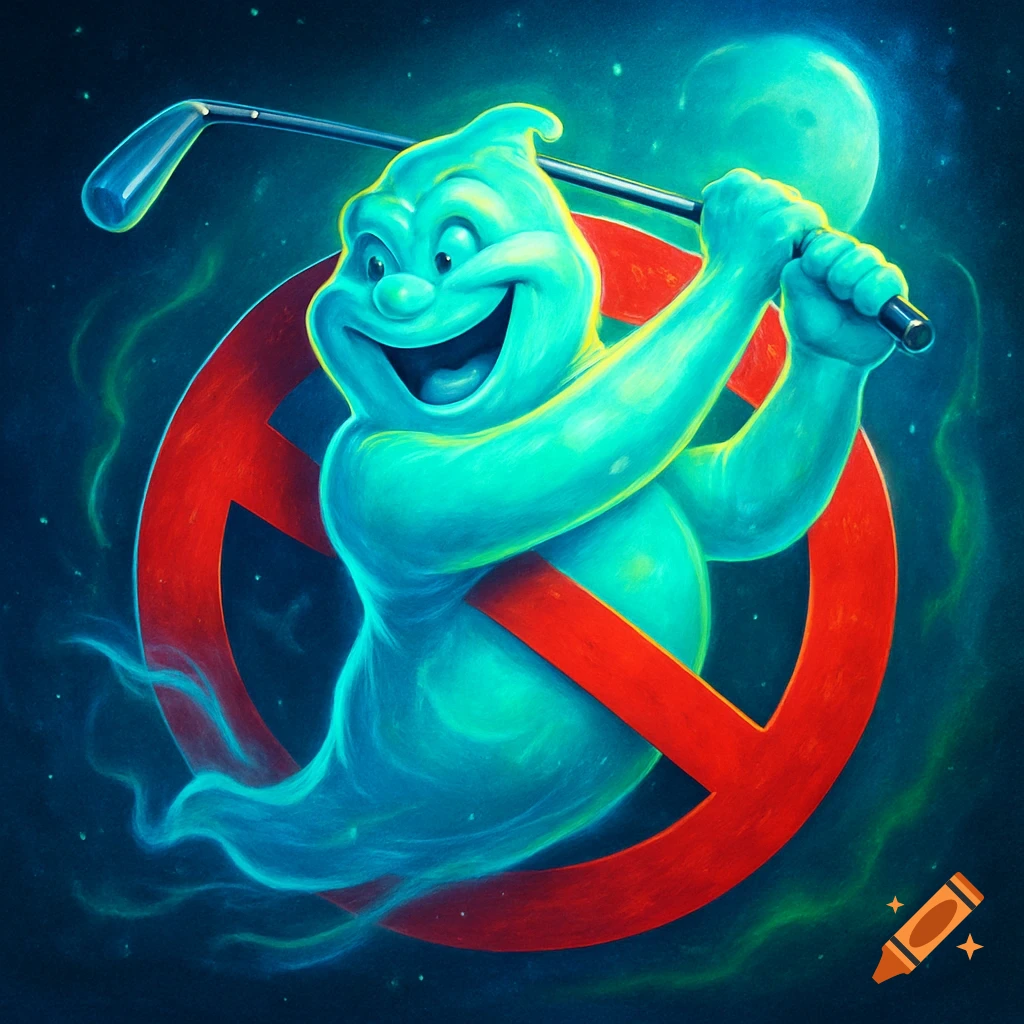 A cartoon Ghostbusters ghost, resembling Slimer, swings a golf club in front of the iconic red ...
