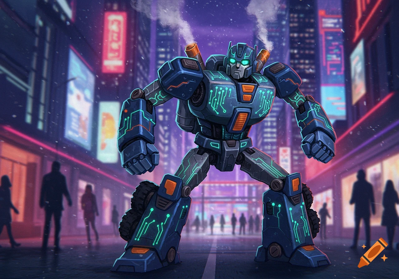 A robot resembling Optimus Prime in ornate white samurai armor ...