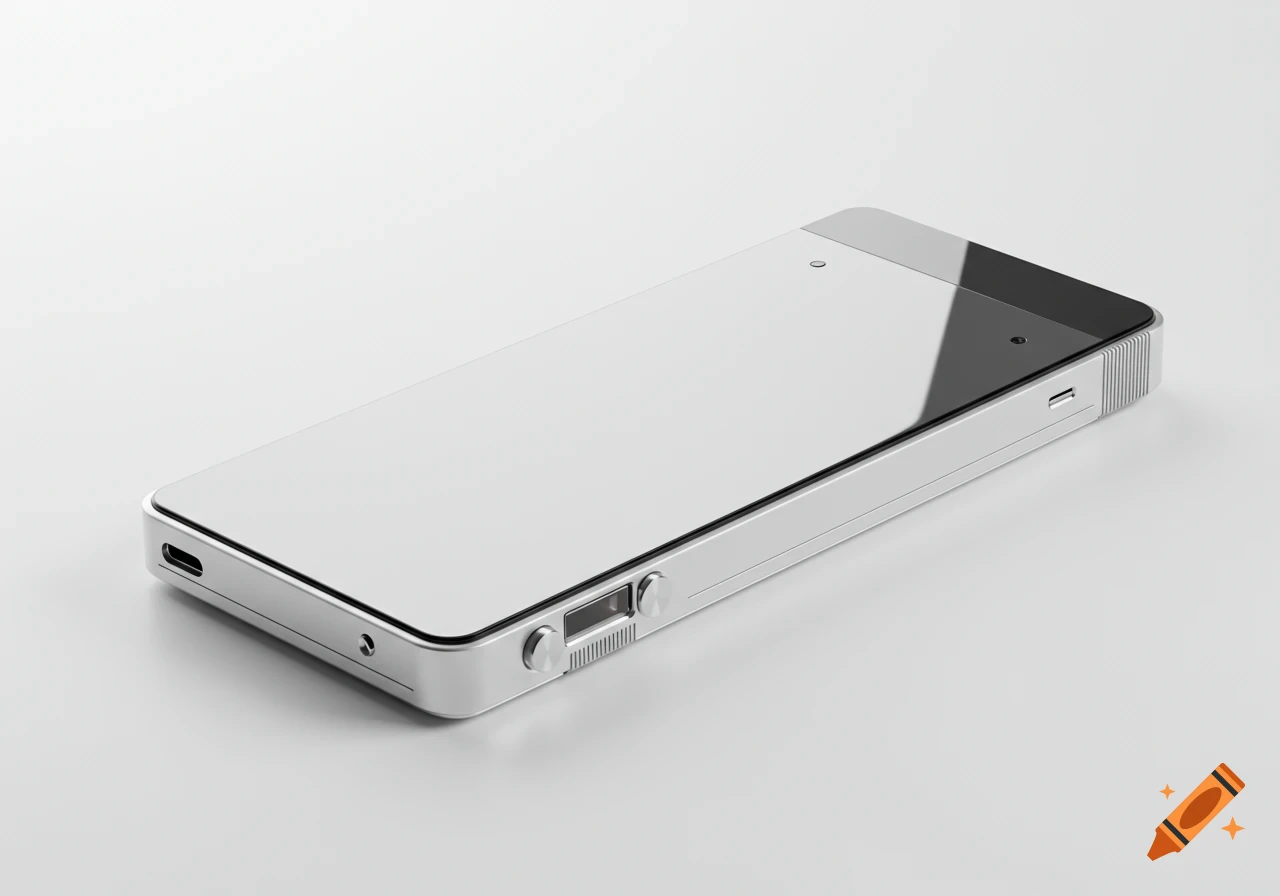 A sleek, minimalist silver and white electronic device with a dark ...