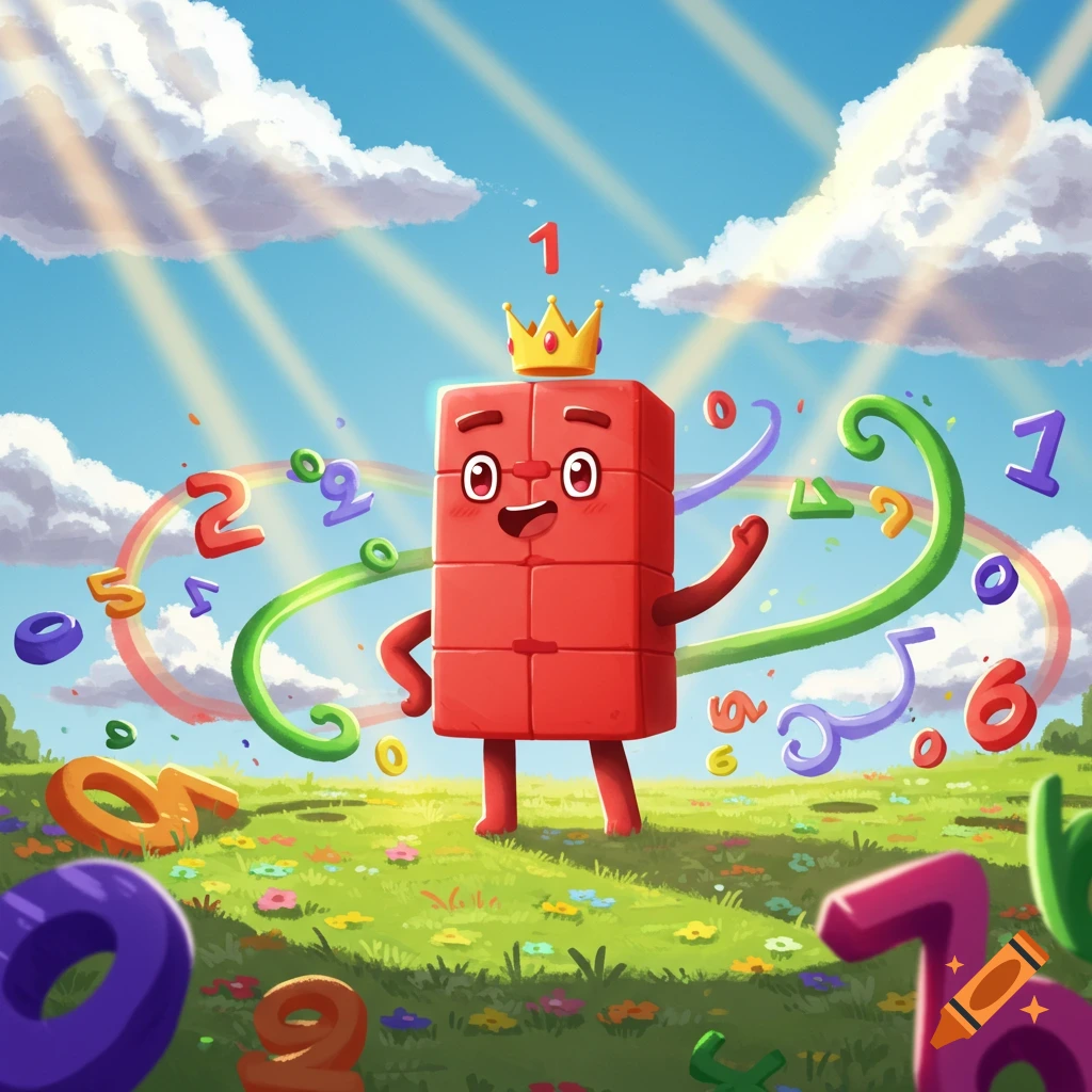A cheerful red Numberblock One character wearing a crown stands in a ...