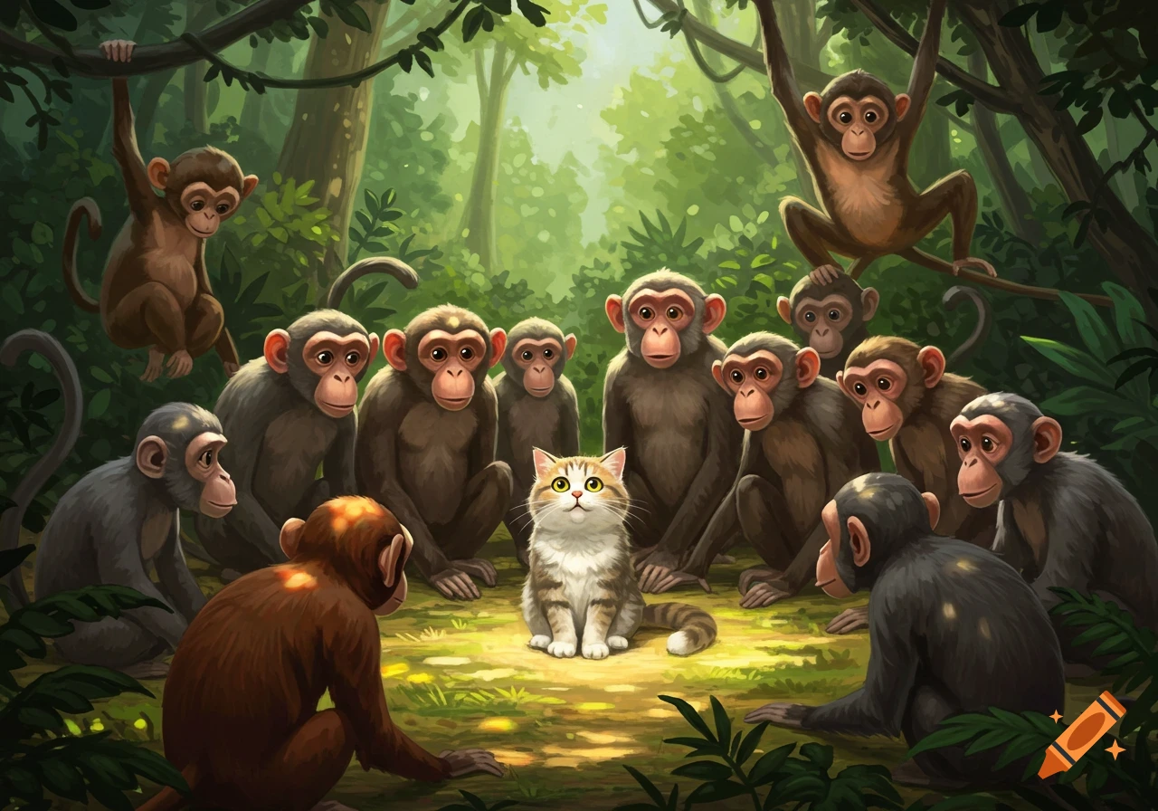 A gentle baboon cradles a small flying fox bat in a lush, rainy jungle ...