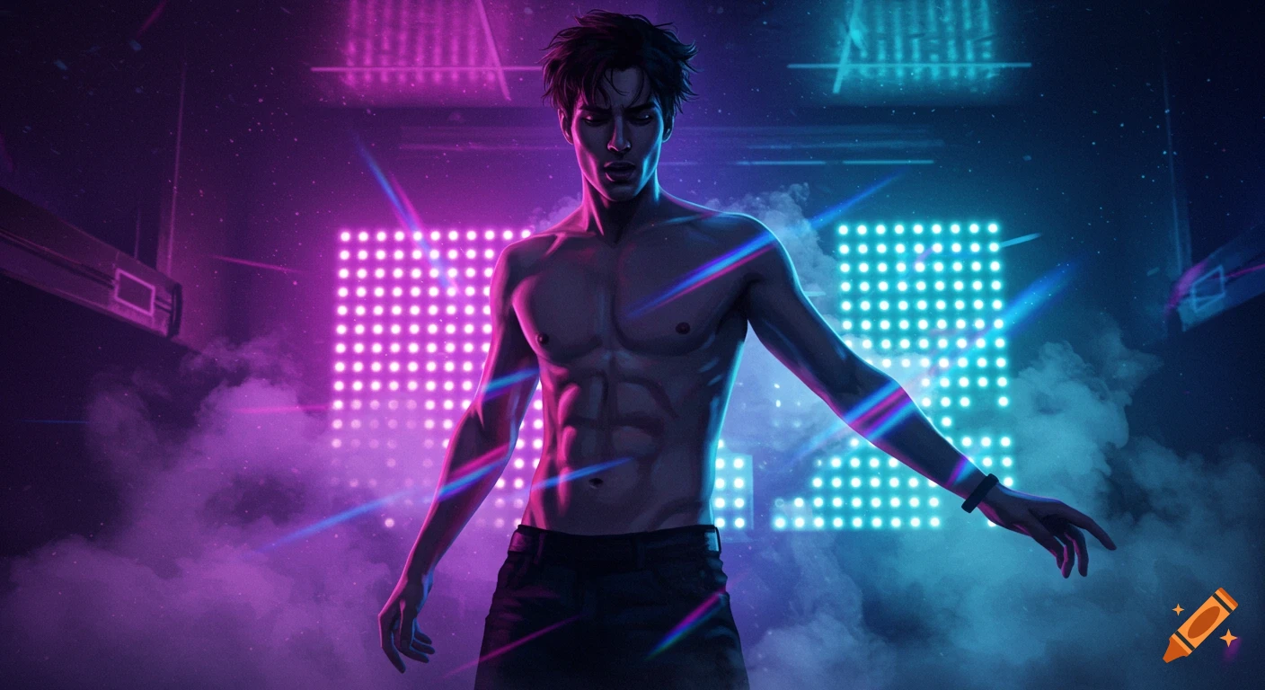 Stylized illustration of a shirtless man with abs standing in a vibrant ...