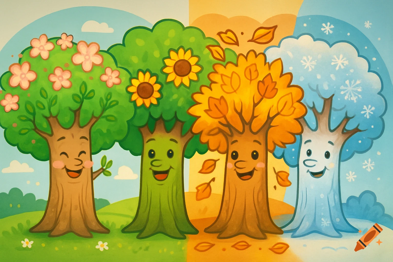 Four cheerful cartoon trees, each representing a season: spring with ...
