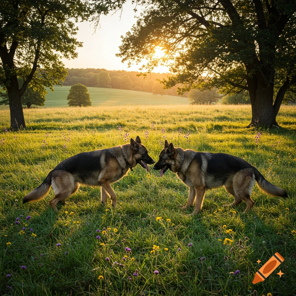Two German Shepherds facing each other in a sunlit meadow with ...