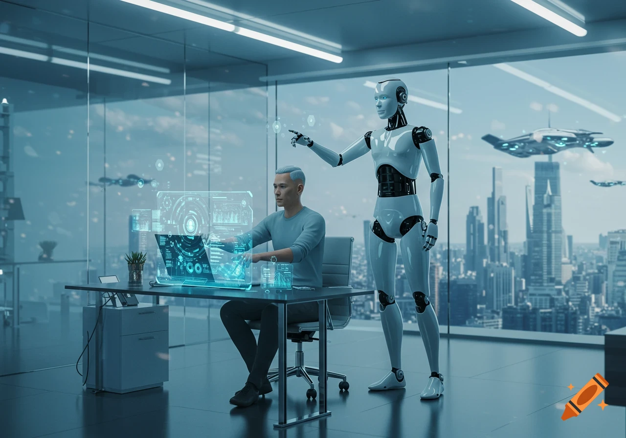 A man in a lab coat and AR glasses walks down a sunny, photorealistic ...