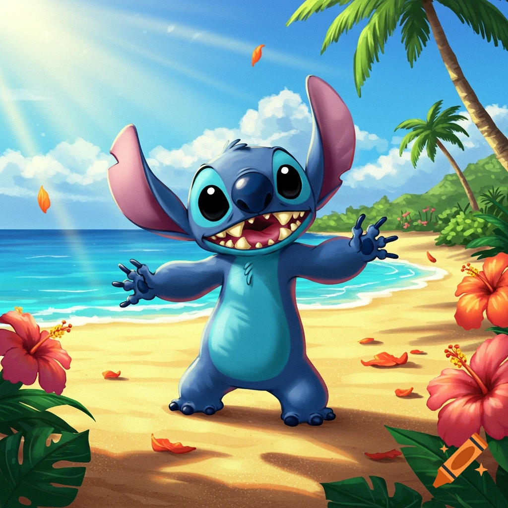 A happy 3D cartoon Stitch jumping with arms wide, surrounded by green ...