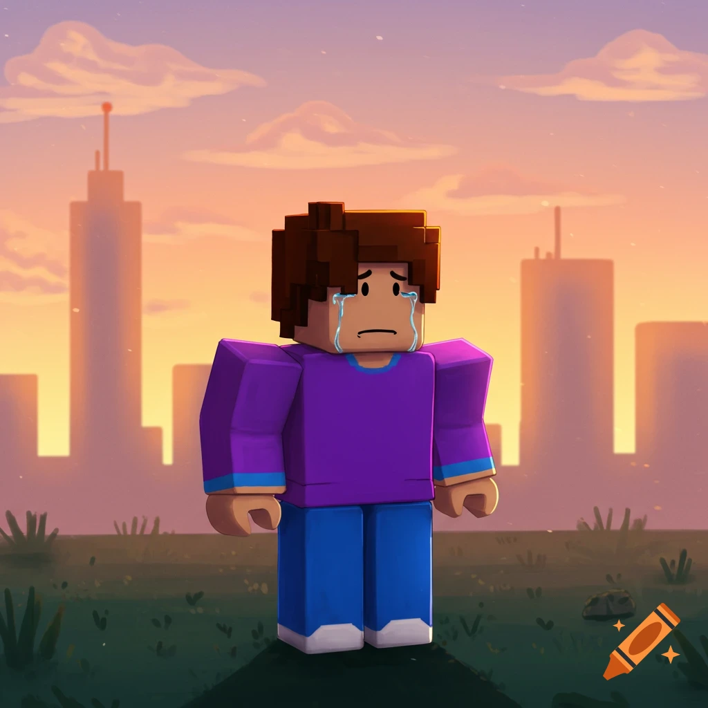 A blocky Roblox character with brown hair, purple shirt, and blue pants ...