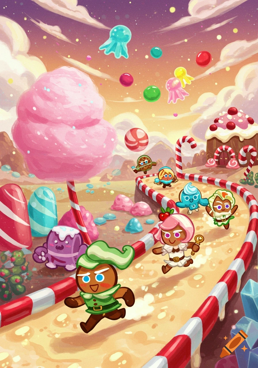 Cartoon Cookie Run characters race on a candy cane path in a vibrant ...
