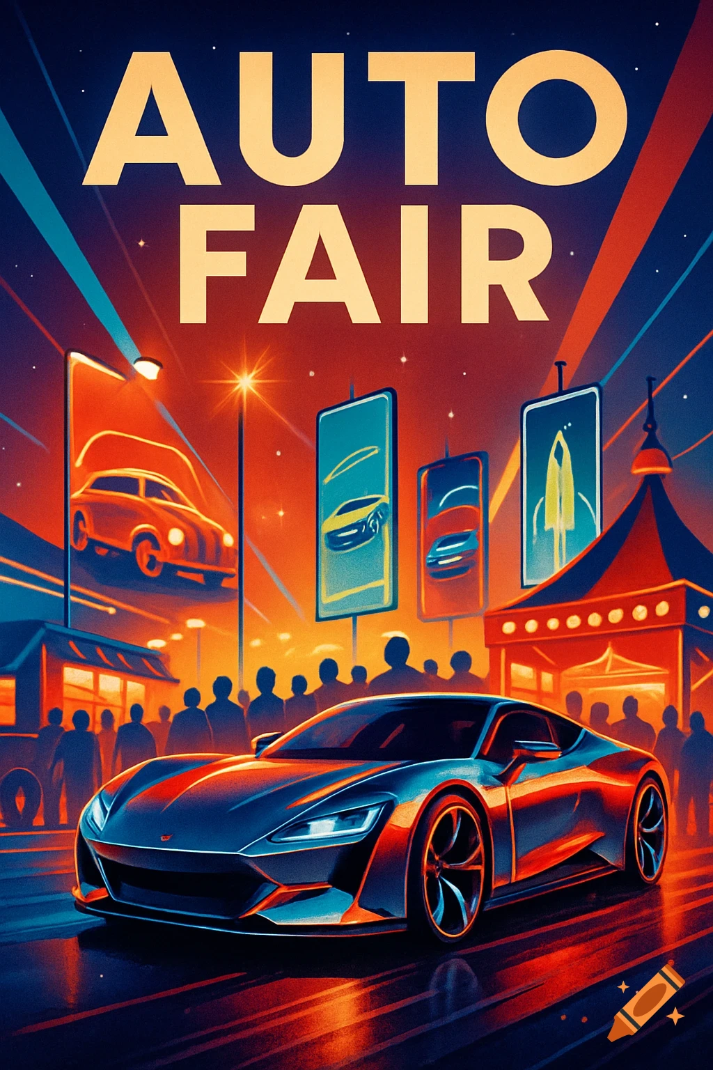 A vibrant, stylized poster depicting a sleek sports car at an "AUTO ...